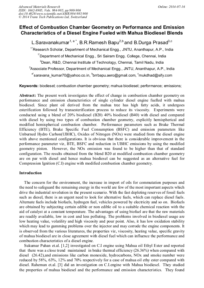 Effect of Combustion Chamber Geometry on Performance and Emission Characteristics of a Diesel ...