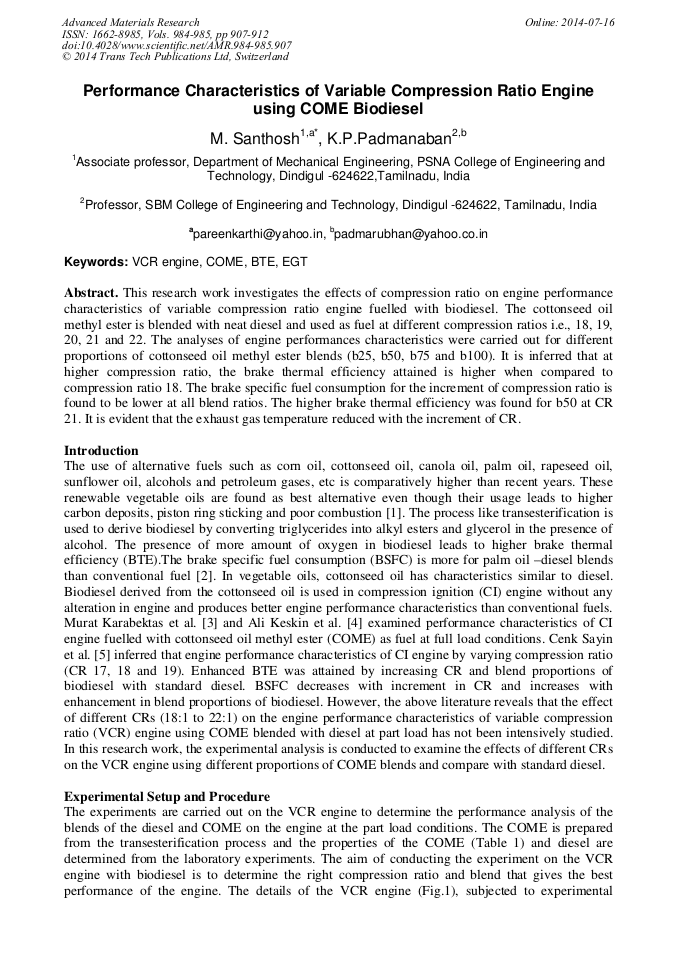 Performance Characteristics of Variable Compression Ratio Engine Using COME Biodiesel ...