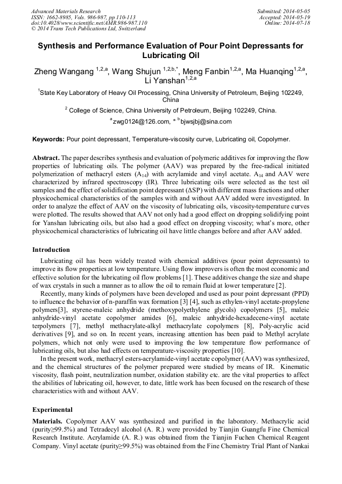 Synthesis and Performance Evaluation of Pour Point Depressants for ...
