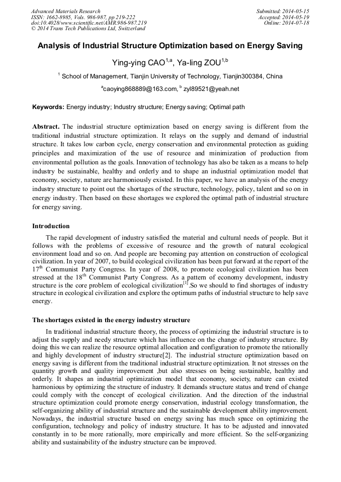 Analysis of Industrial Structure Optimization Based on Energy Saving ...