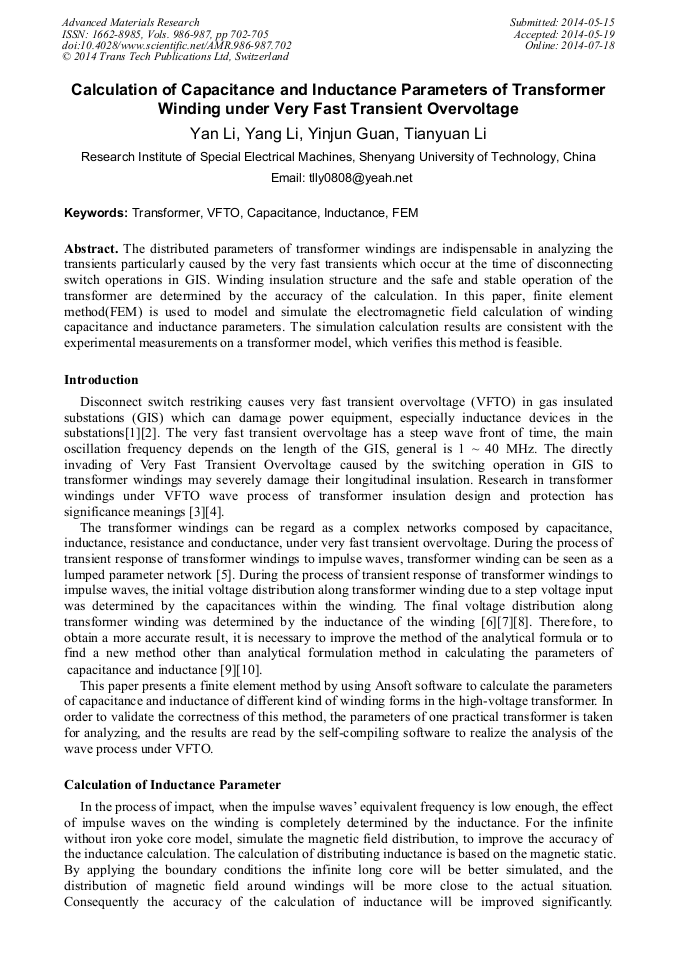 Calculation of Capacitance and Inductance Parameters of Transformer ...