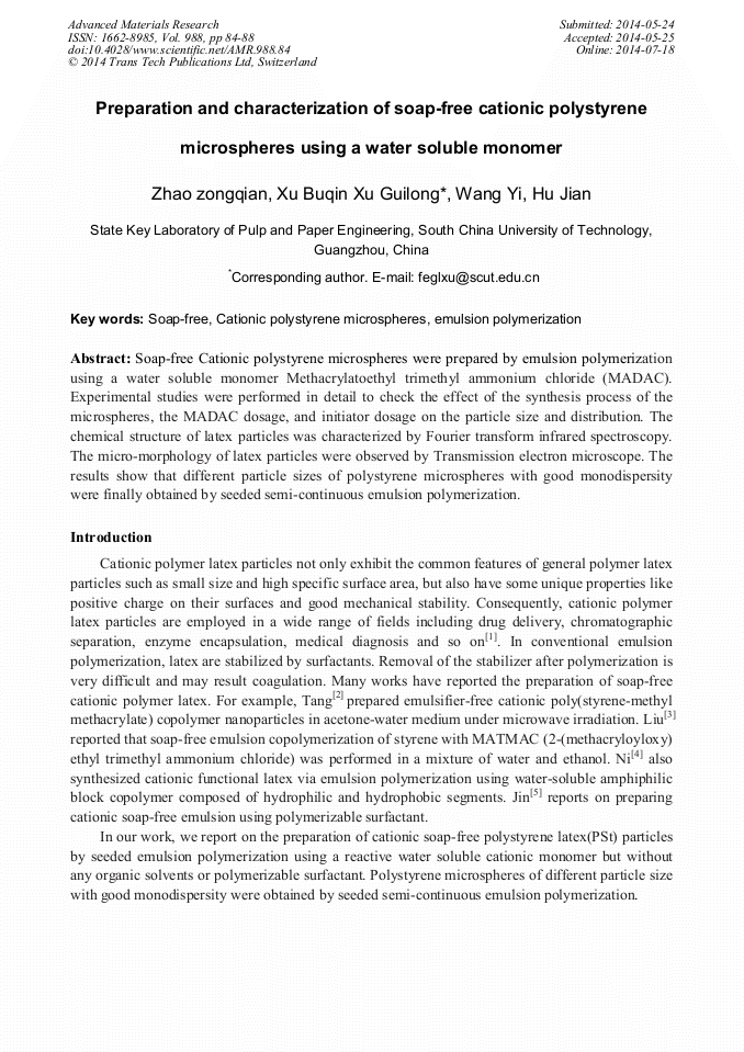 Preparation and Characterization of Soap-Free Cationic Polystyrene ...