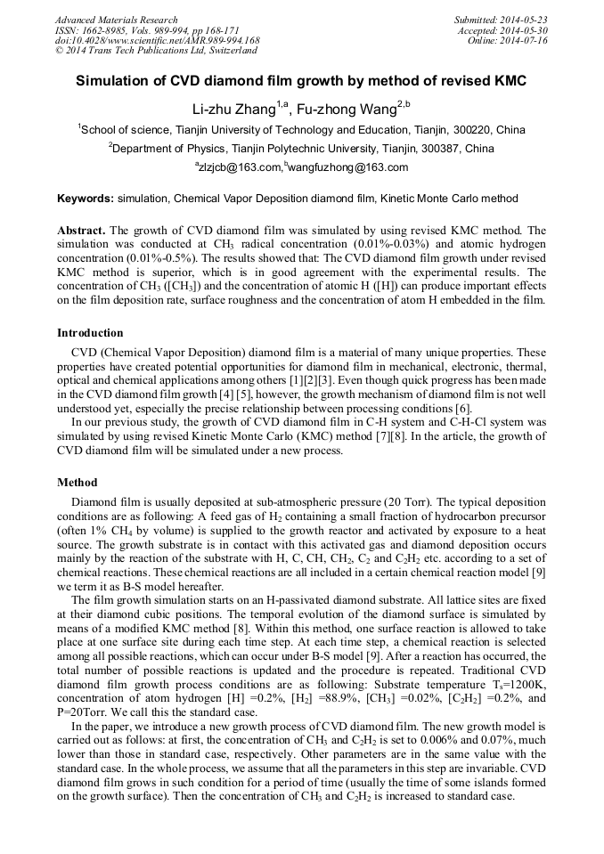 Simulation of CVD Diamond Film Growth by Method of Revised KMC ...