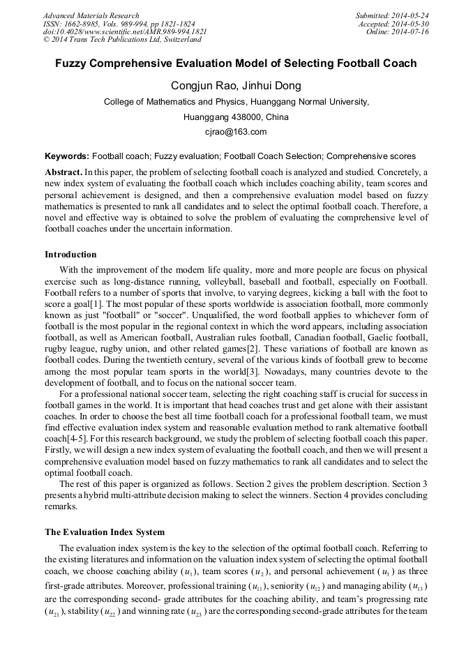 Fuzzy Comprehensive Evaluation Model of Selecting Football Coach ...