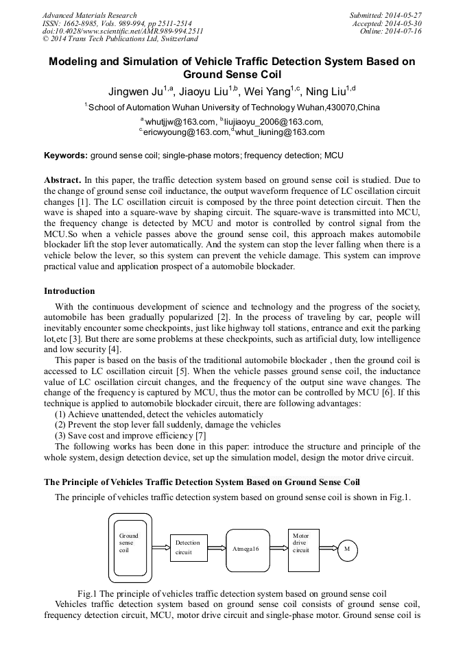 Modeling and Simulation of Vehicle Traffic Detection System Based on ...
