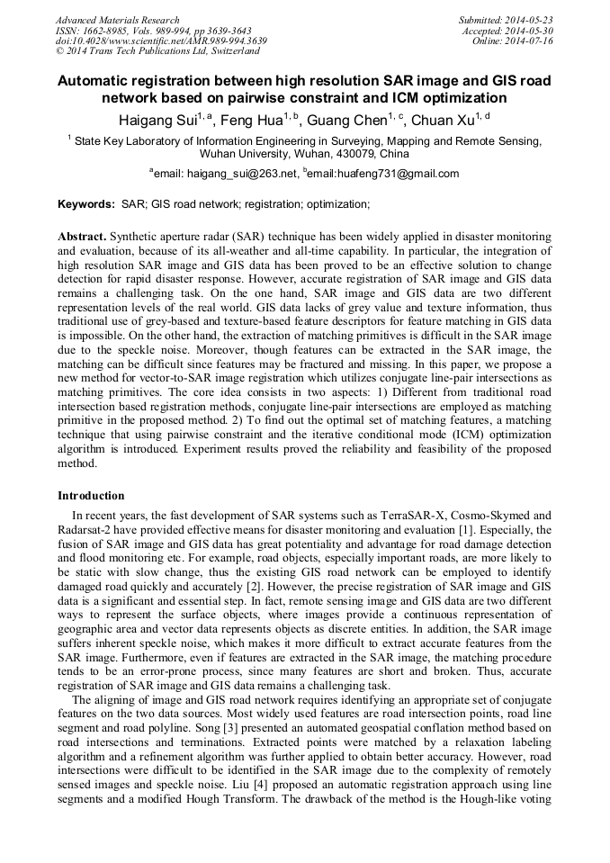 Automatic Registration between High Resolution SAR Image and GIS Road Network Based on Pairwise ...