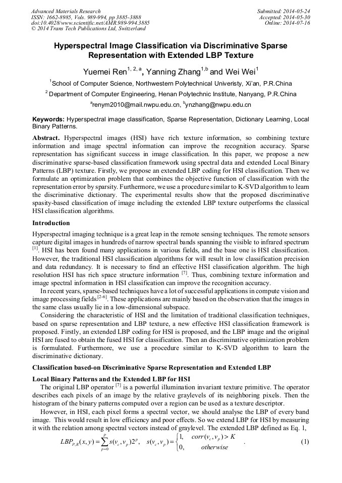 Hyperspectral Image Classification via Discriminative Sparse ...