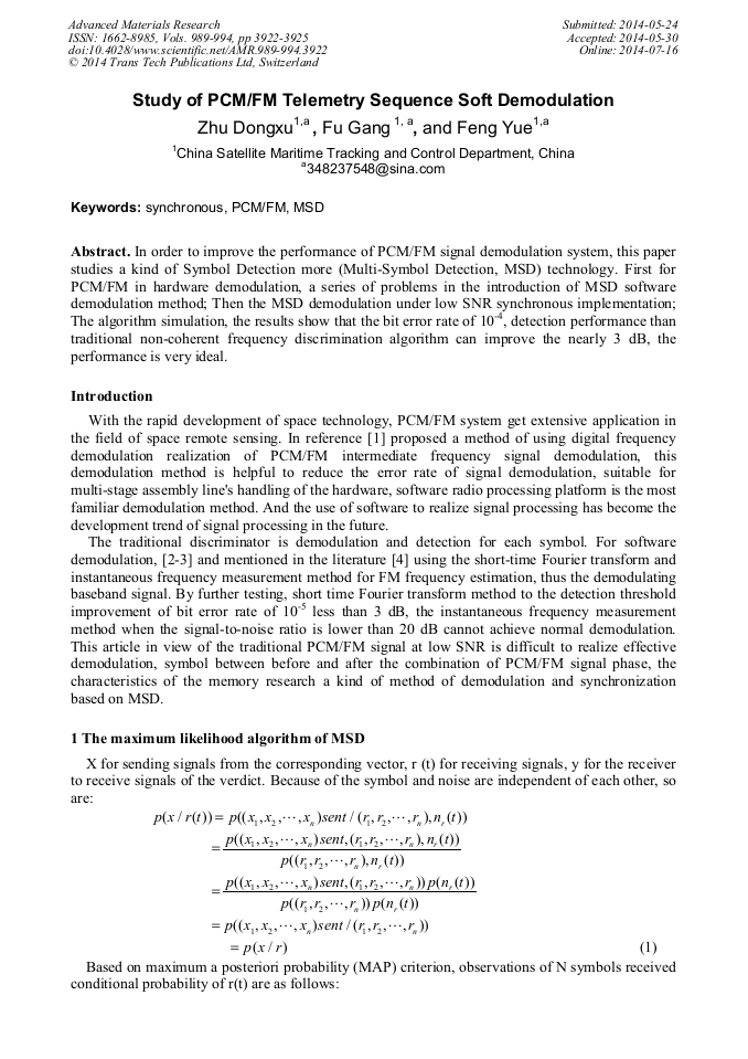 Study of PCM/FM Telemetry Sequence Soft Demodulation | Scientific.Net