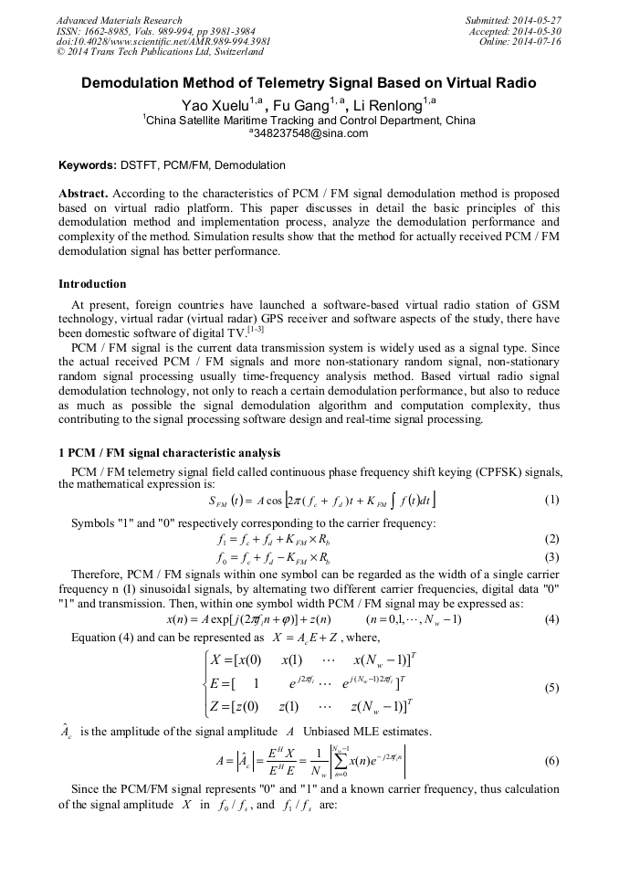 Demodulation Method of Telemetry Signal Based on Virtual Radio ...