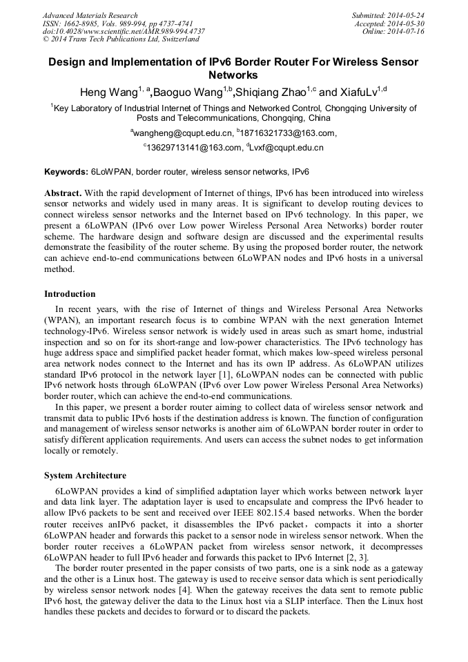 Design and Implementation of IPv6 Border Router for Wireless Sensor ...