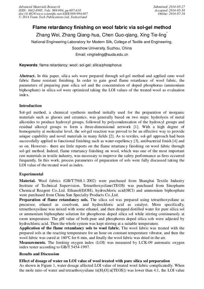 Flame Retardancy Finishing on Wool Fabric via Sol-Gel Method ...