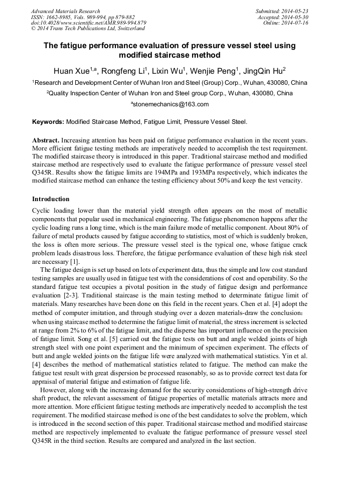 The Fatigue Performance Evaluation of Pressure Vessel Steel Using ...