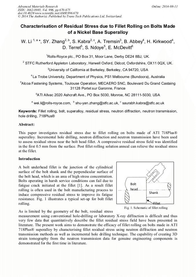 Characterisation of Residual Stress due to Fillet Rolling on Bolts Made ...