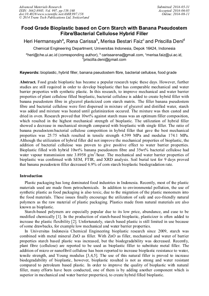 Food Grade Bioplastic Based on Corn Starch with Banana Pseudostem Fibre ...