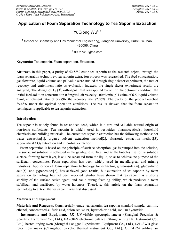 Application of Foam Separation Technology to Tea Saponin Extraction ...