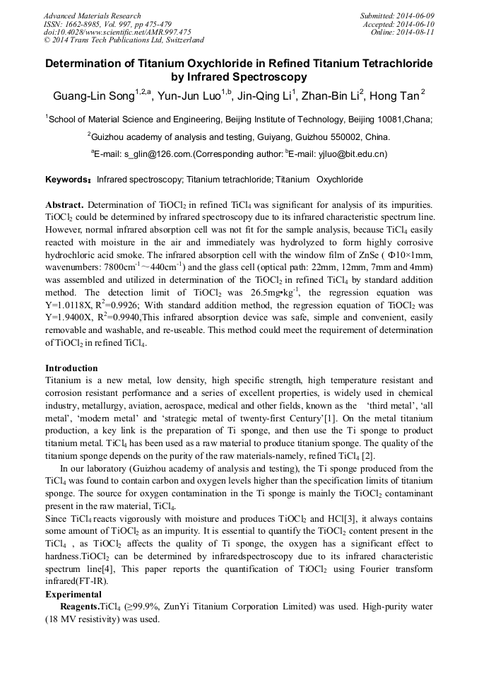 Determination of Titanium Oxychloride in Refined Titanium Tetrachloride ...