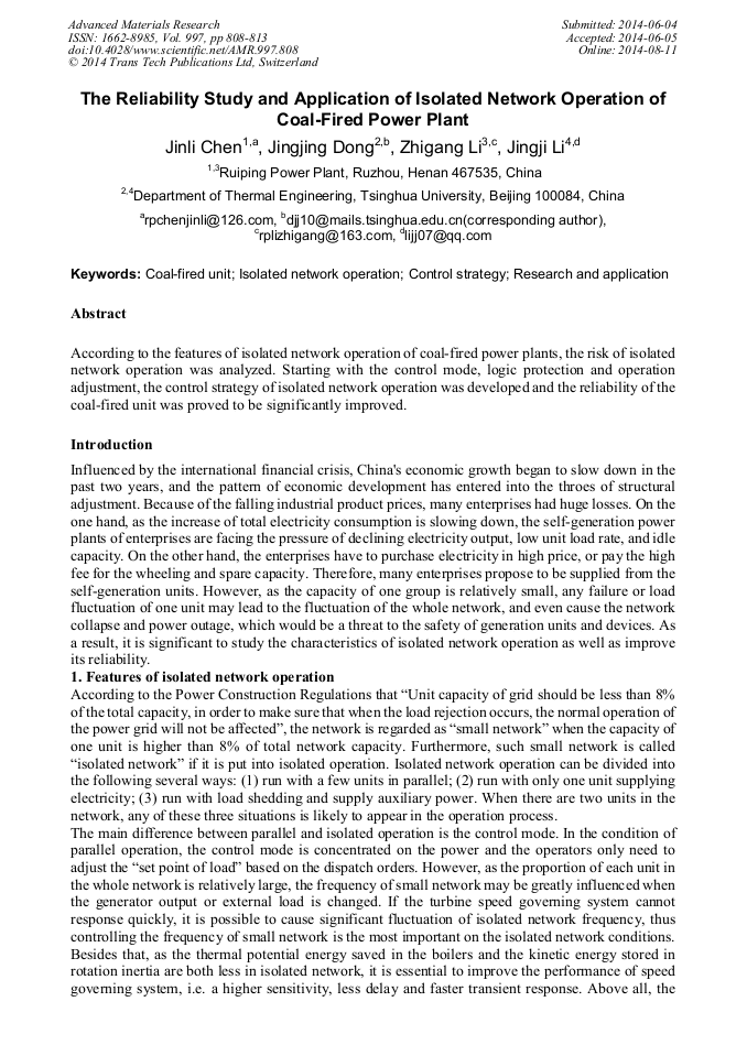 The Reliability Study and Application of Isolated Network Operation of ...