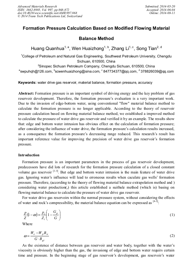 Formation Pressure Calculation Based on Modified Flowing Material ...