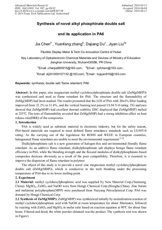 Synthesis of Novel Alkyl Phosphinate Double Salt and its Application in ...