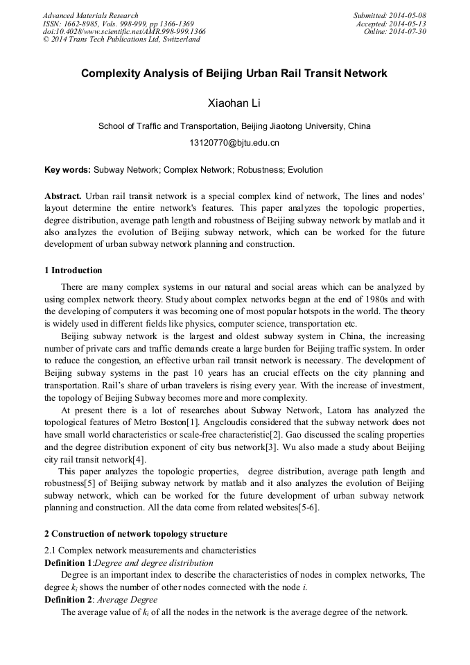 Complexity Analysis of Beijing Urban Rail Transit Network | Scientific.Net