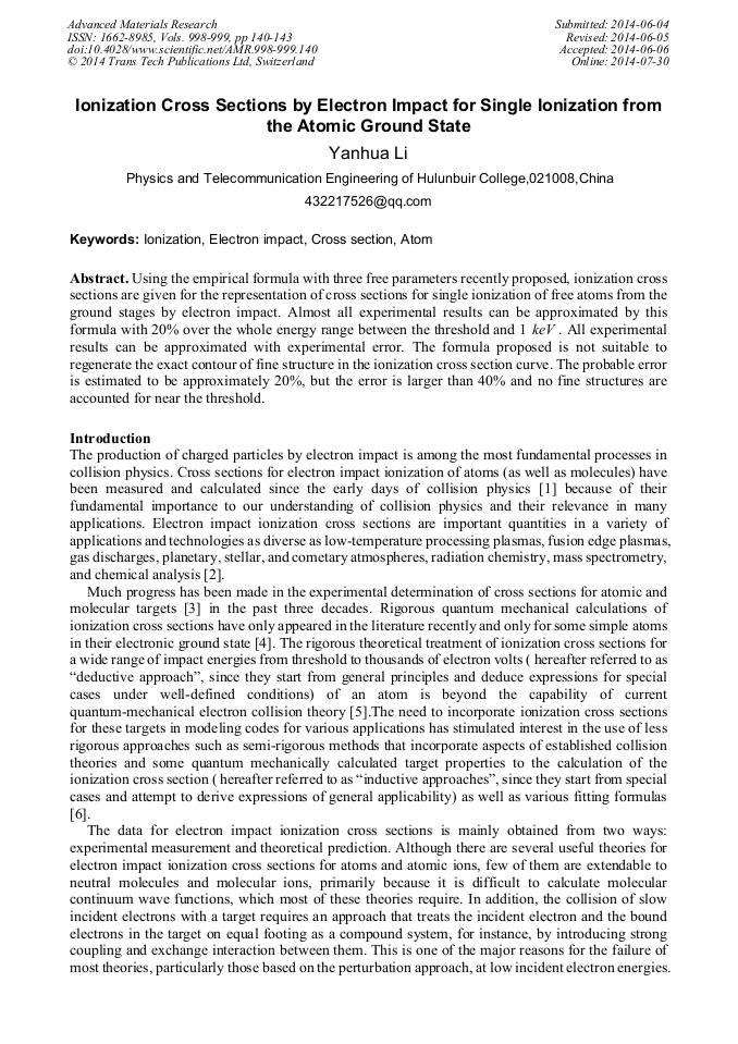 Ionization Cross Sections by Electron Impact for Single Ionization from ...
