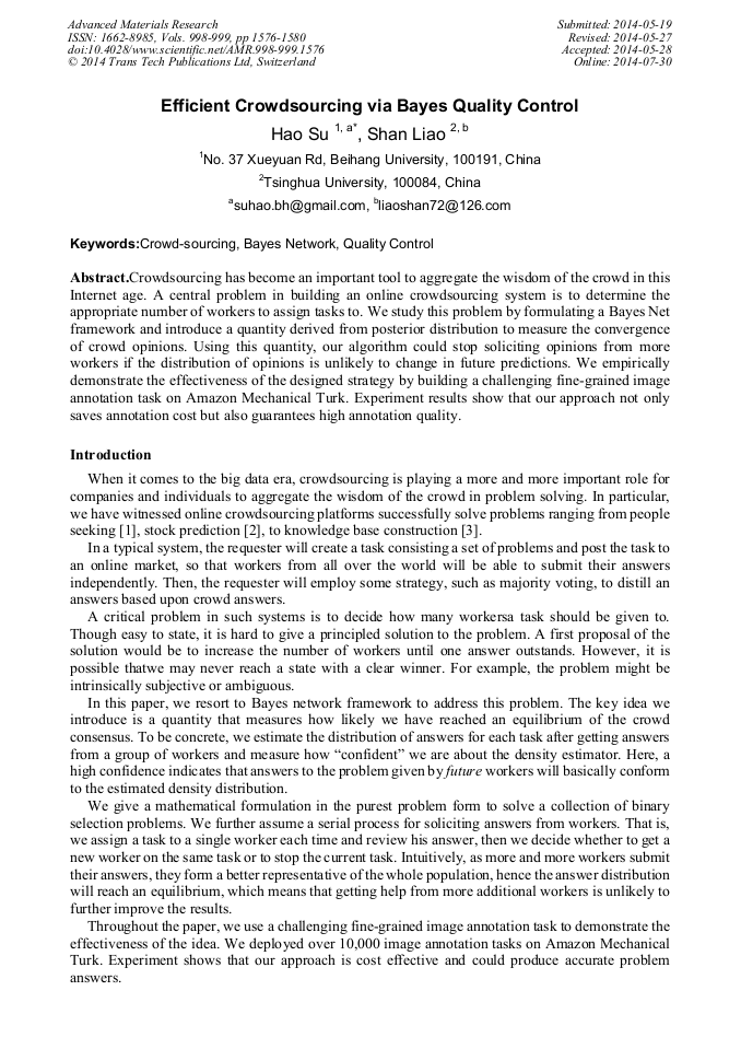 Efficient Crowdsourcing via Bayes Quality Control | Scientific.Net