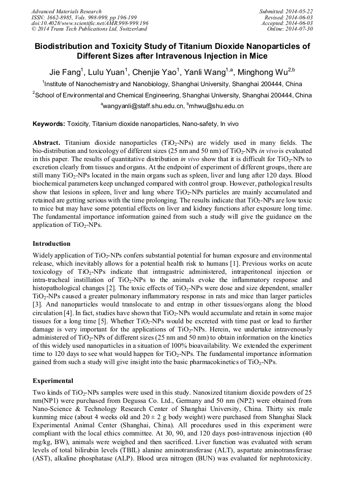 Biodistribution and Toxicity Study of Titanium Dioxide Nanoparticles of ...