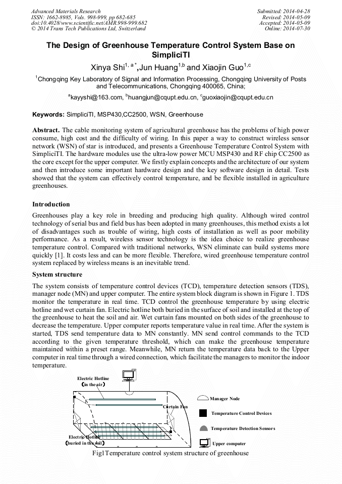 The Design of Greenhouse Temperature Control System Base on SimpliciTI ...