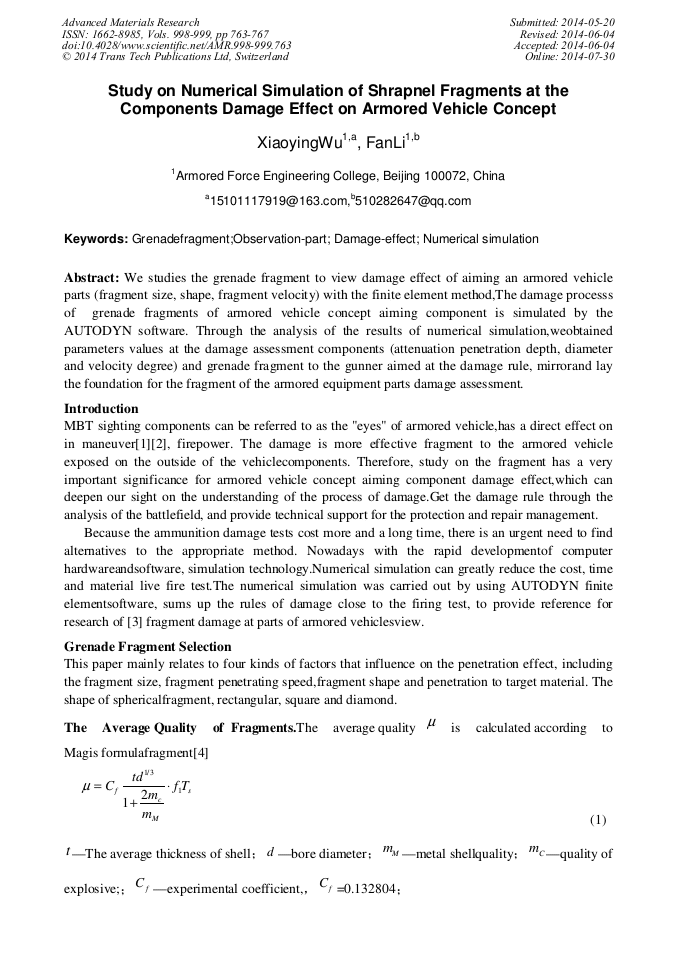 Study on Numerical Simulation of Shrapnel Fragments at the Components ...