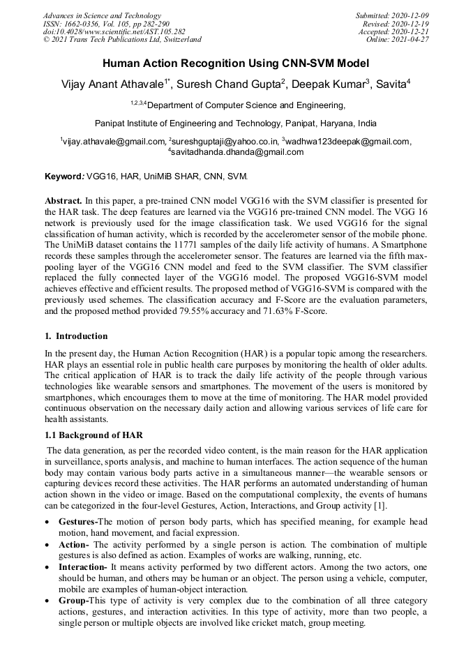 Human Action Recognition Using Cnn Svm Model Scientific Net