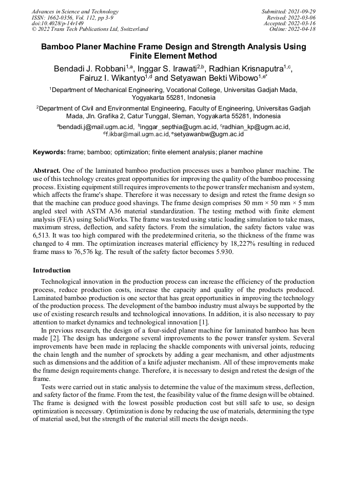 Bamboo Planer Machine Frame Design and Strength Analysis Using Finite ...