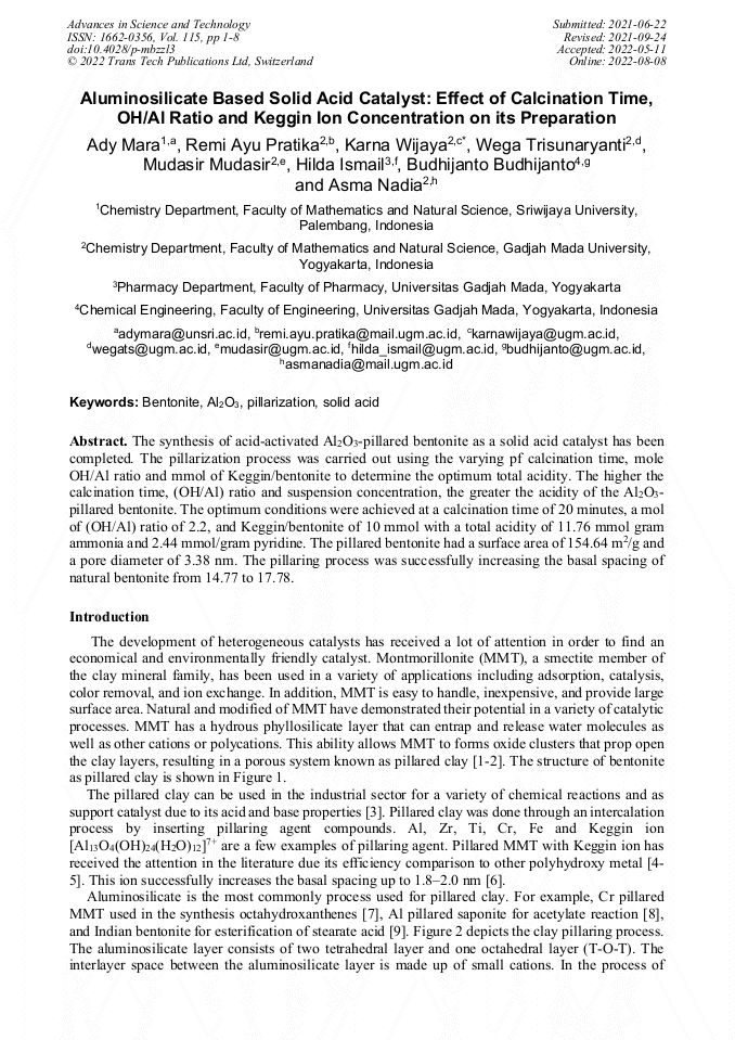 Aluminosilicate Based Solid Acid Catalyst: Effect of Calcination Time ...