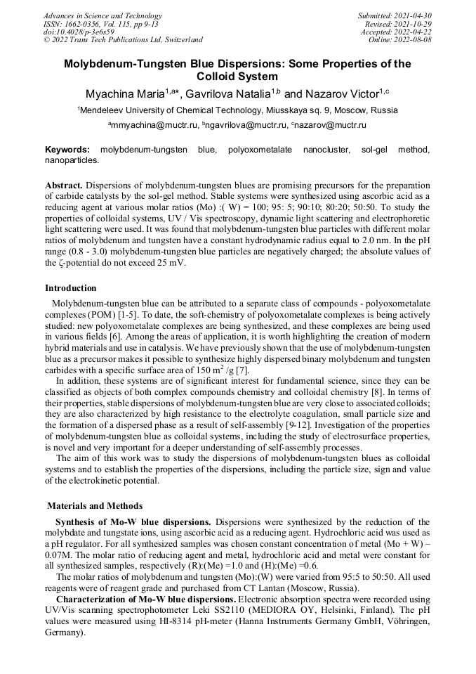 Molybdenum-Tungsten Blue Dispersions: Some Properties of the Colloid ...