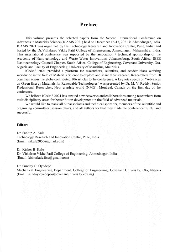 Preface | Advances in Materials Science (ICAMS 2021) | Scientific.Net