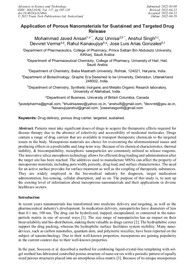 Application of Porous Nanomaterials for Sustained and Targeted Drug ...