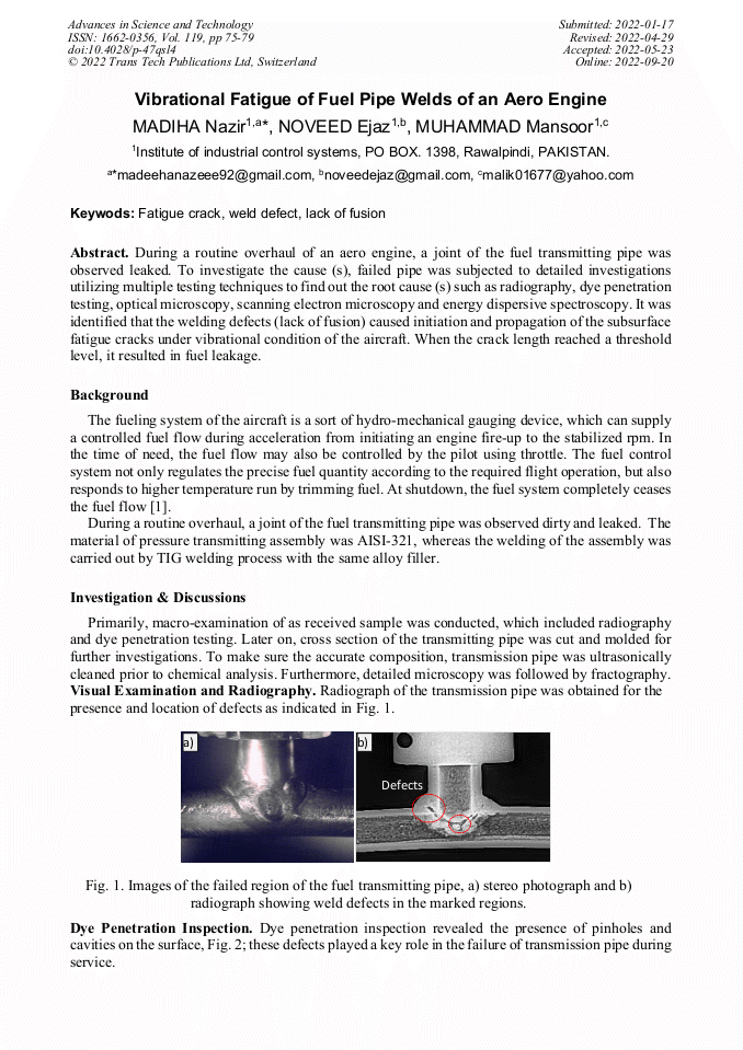 Vibrational Fatigue of Fuel Pipe Welds of an Aero Engine | Scientific.Net