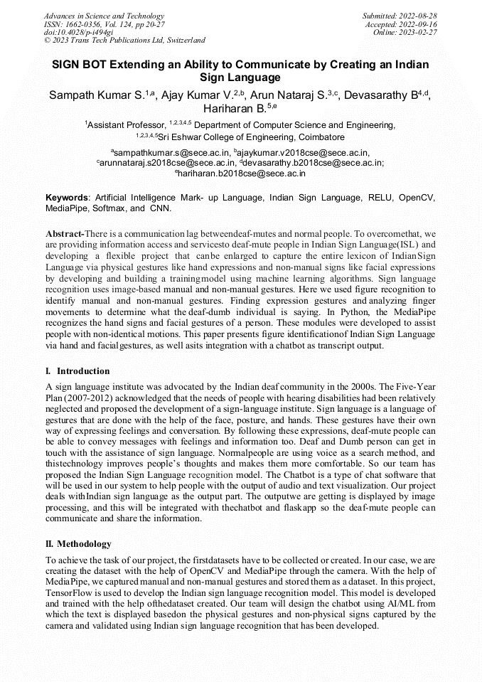 SIGN BOT Extending an Ability to Communicate by Creating an Indian Sign ...