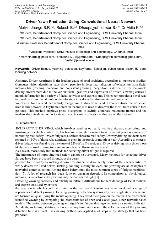 Driver Yawn Prediction Using Convolutional Neural Network | Scientific.Net