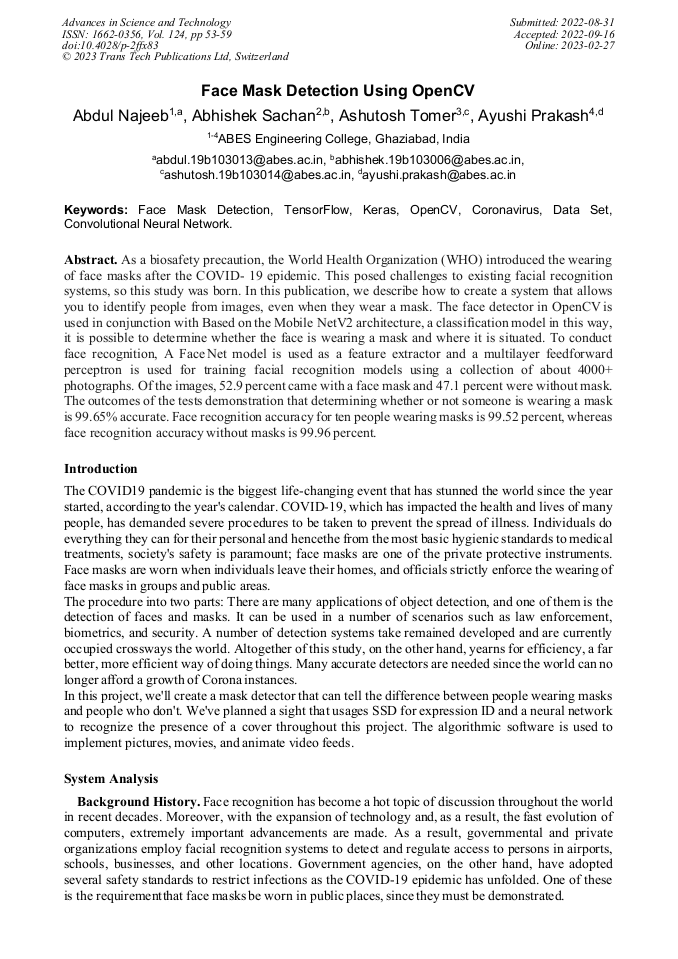 Face Mask Detection Using OpenCV Scientific Net