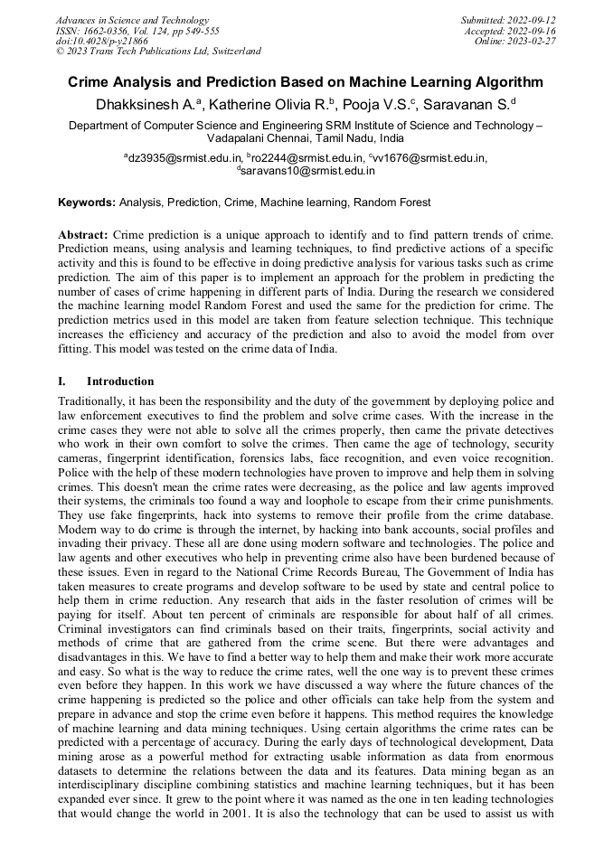 Crime Analysis And Prediction Based On Machine Learning Algorithm Scientificnet