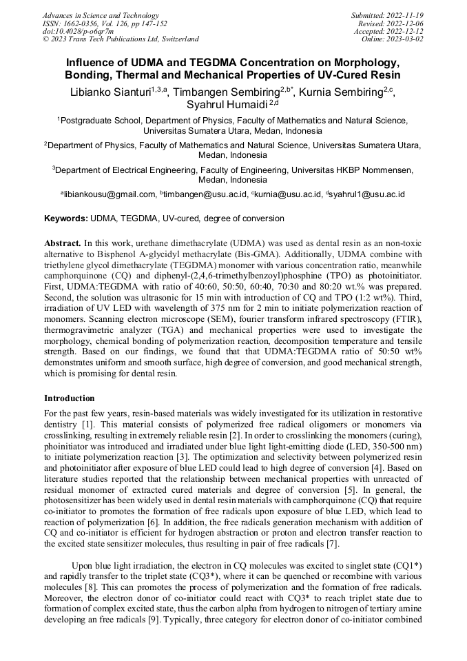 Influence of UDMA and TEGDMA Concentration on Morphology, Bonding ...