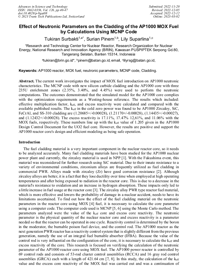 Effect of Neutronic Parameters on the Cladding of the AP1000 MOX Fuel by Calculations Using MCNP ...