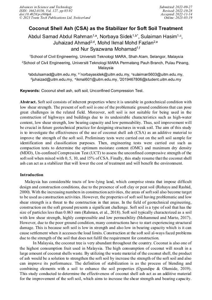 Coconut Shell Ash (CSA) as the Stabilizer for Soft Soil Treatment ...