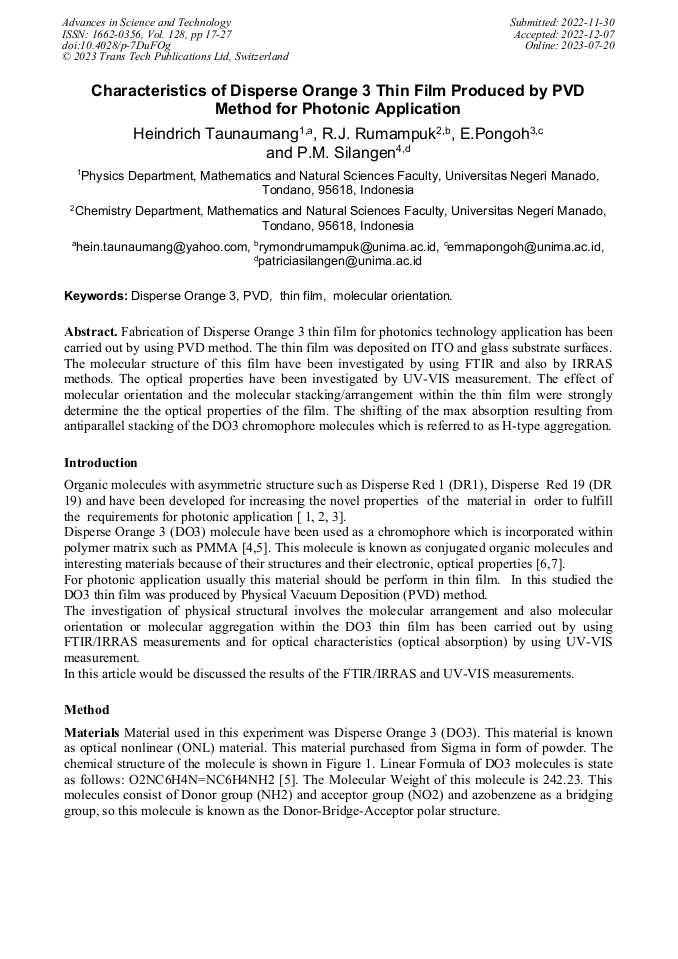 Characteristics of Disperse Orange 3 Thin Film Produced by PVD Method ...