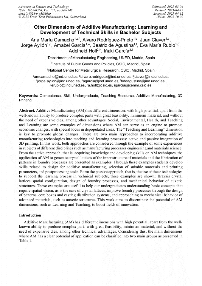 Other Dimensions of Additive Manufacturing: Learning and Development of ...