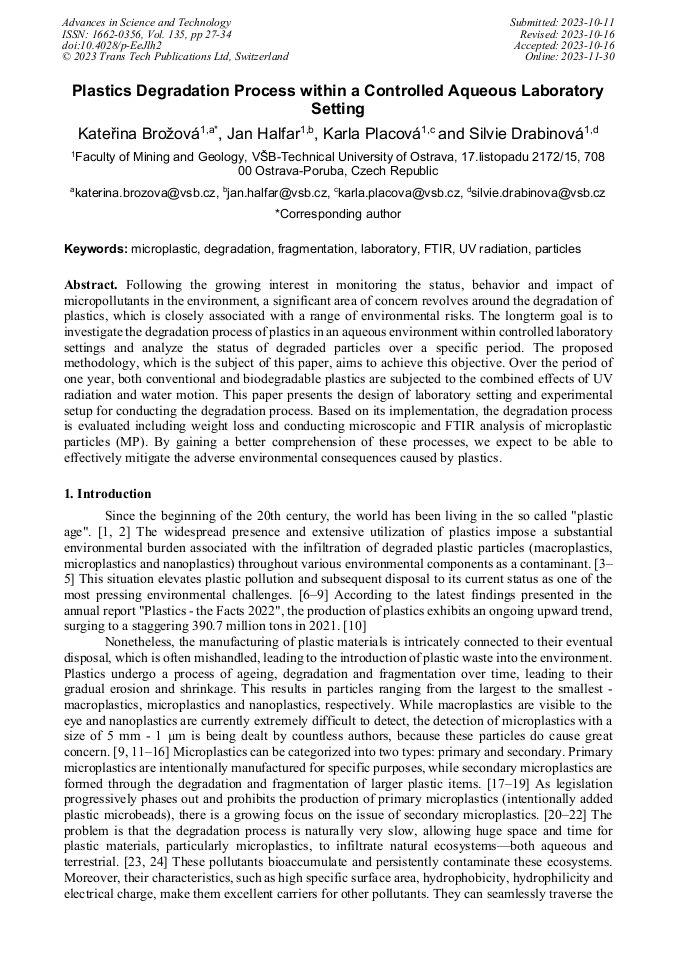 Plastics Degradation Process within a Controlled Aqueous Laboratory ...