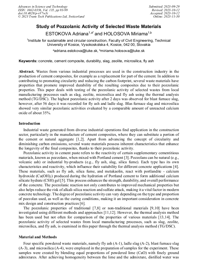 Study of Pozzolanic Activity of Selected Waste Materials | Scientific.Net