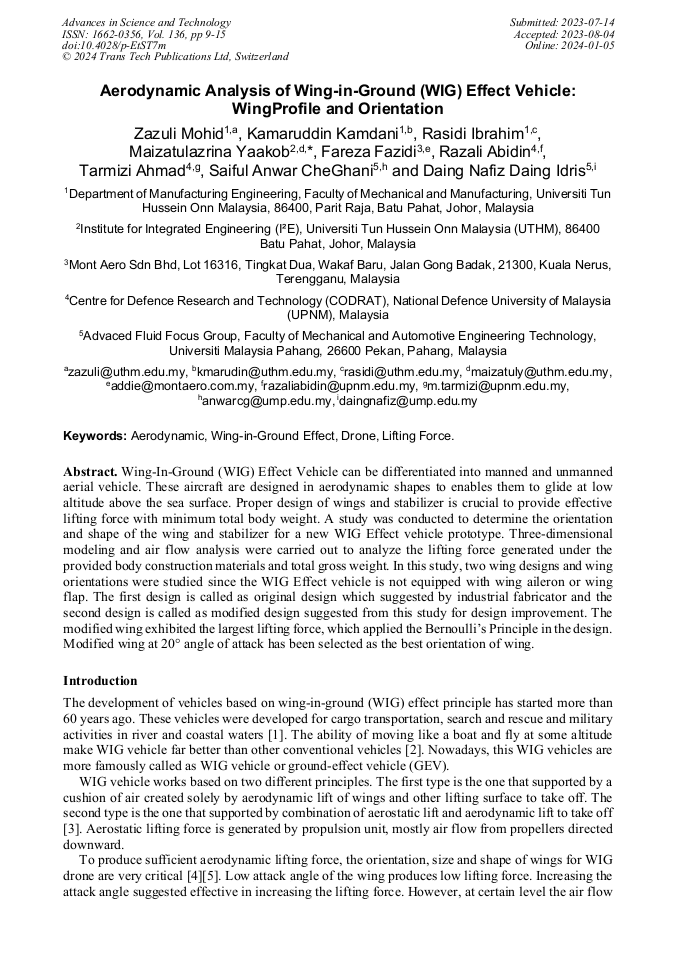 Aerodynamic Analysis of Wing-in-Ground (WIG) Effect Vehicle: Wing ...