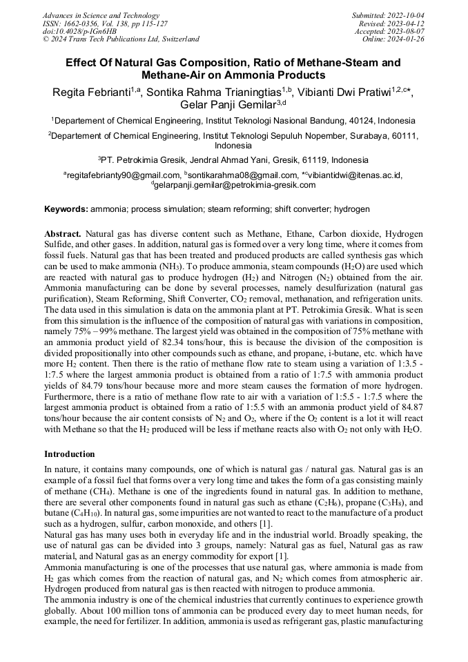 Effect of Natural Gas Composition, Ratio of Methane-Steam and Methane ...