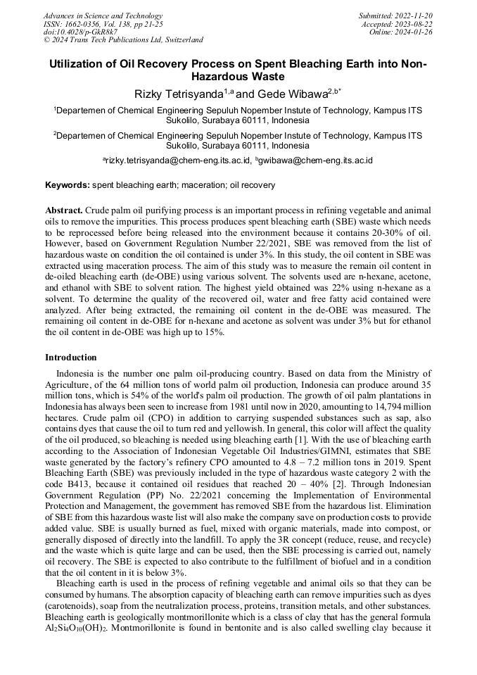 Utilization of Oil Recovery Process on Spent Bleaching Earth into Non ...